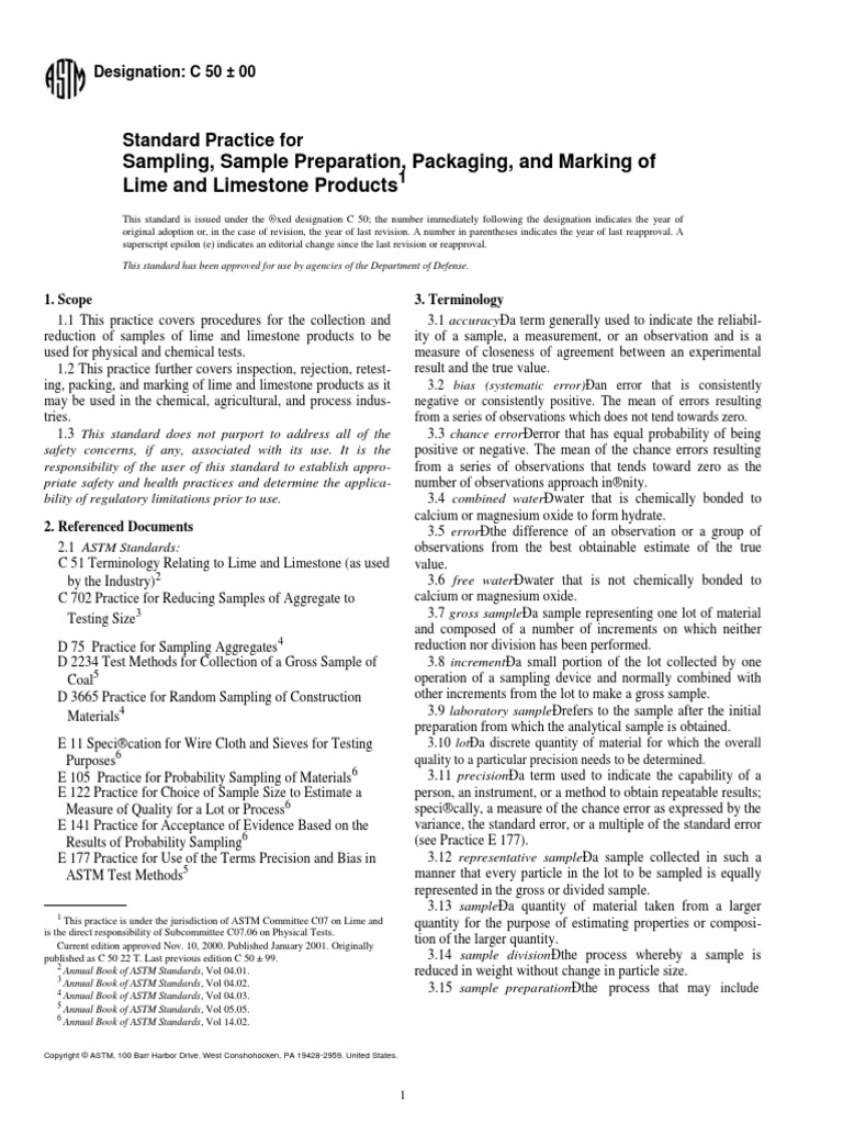 Sampling, Sample Preparation, Packaging, and Marking of Lime and ...