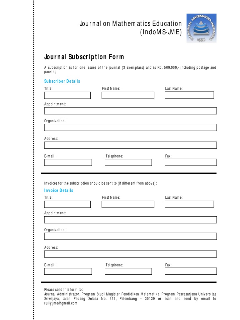 Journal Subscription Form: Journal On Mathematics Education (Indoms-Jme ...