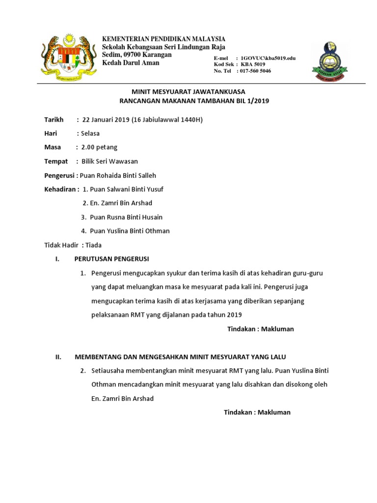 Minit Mesyuarat Jawatankuasa RMT Bil 1 2019 | PDF