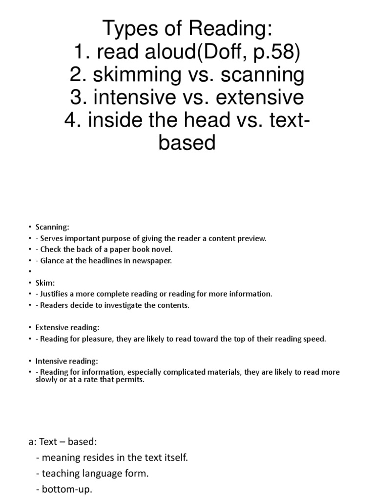 Types of Reading | PDF | Reading (Process) | Reading Comprehension