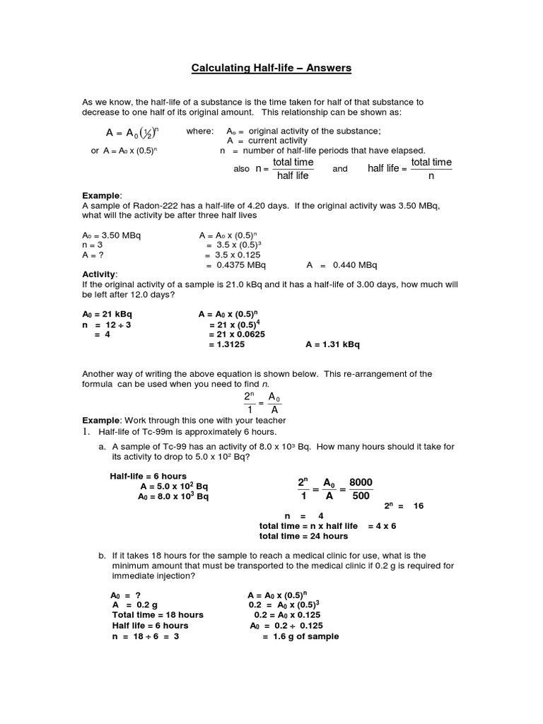 Half Life Worksheet L Answers