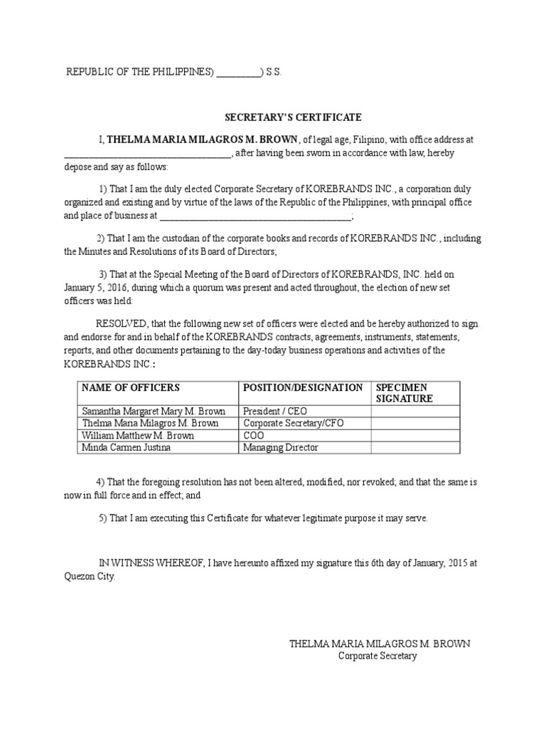 Secretary's Certificate of Elected Officers | PDF | Official Documents ...