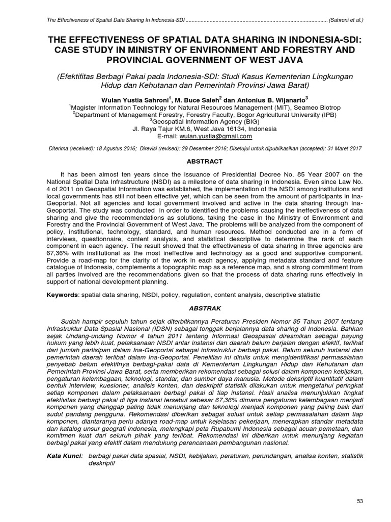 The Effectiveness of Spatial Data Sharing in Indonesia-Sdi: Case Study in Ministry of ...