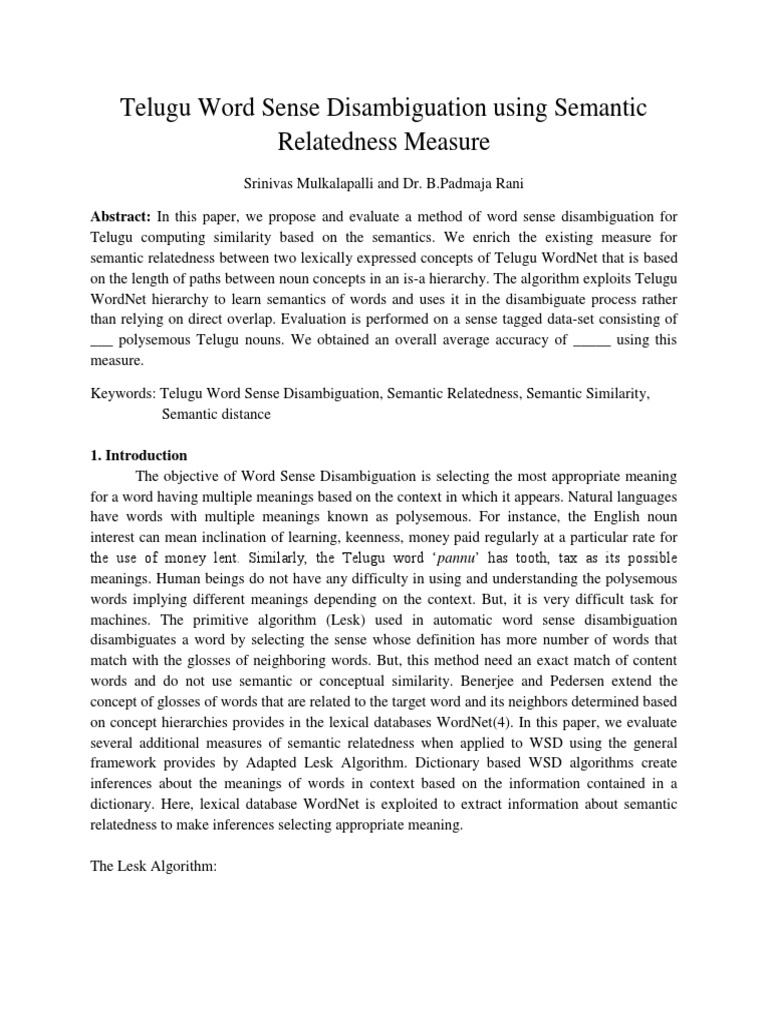 WSD Using Semantic Relatedness Measure | PDF | Word | Semantics
