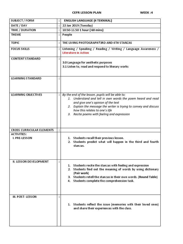 Cefr Lesson Plan Week:4: Literature in Action | PDF | Language Arts & Discipline