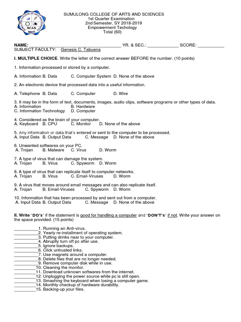 Sample Exam For Empowerment Technology Grade 11 | PDF | Computer Virus ...