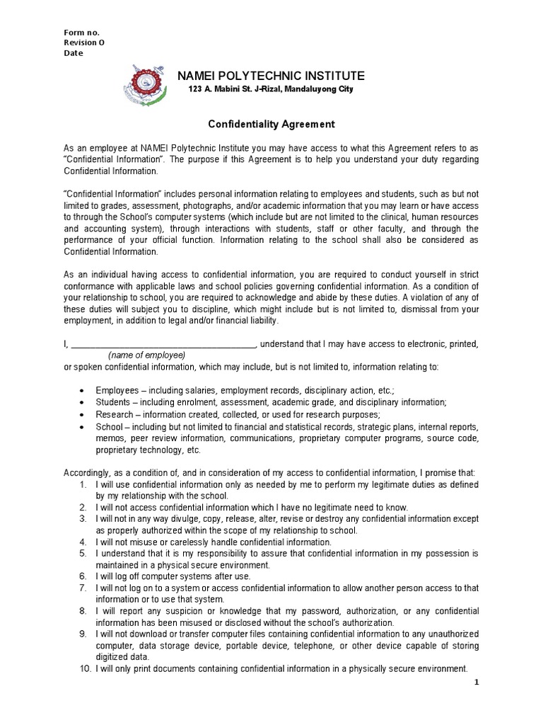 Namei Polytechnic Institute: Confidentiality Agreement | PDF ...