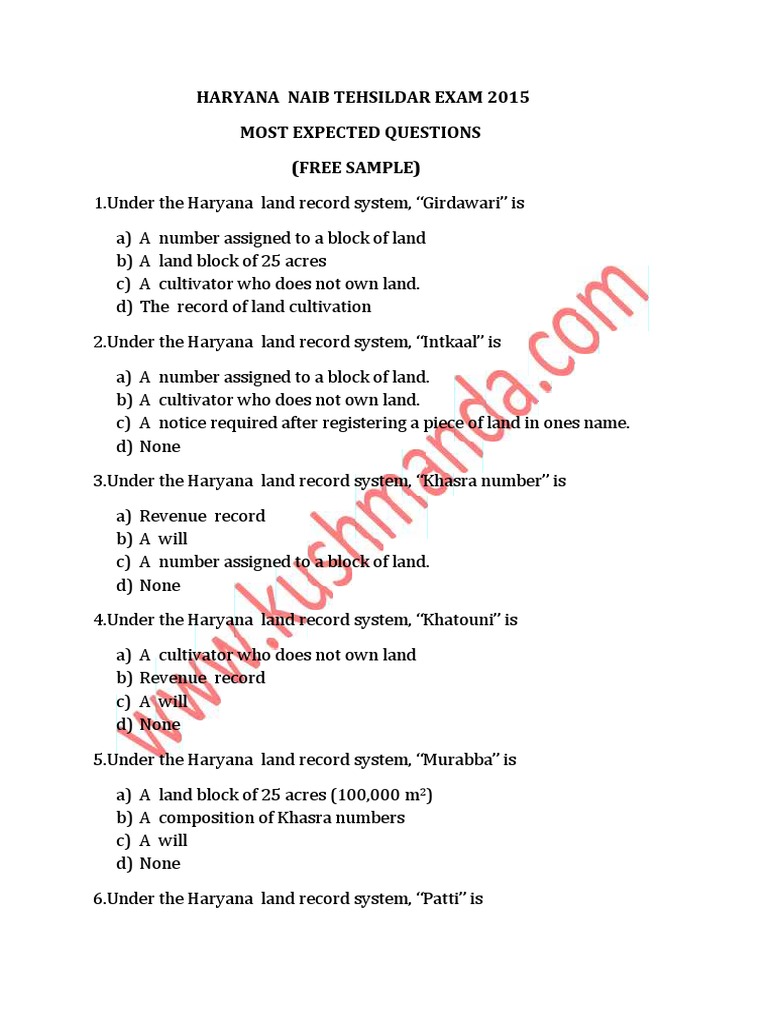 Haryana Naib Tehsildar Exam 2015 Most Expected Questions (Free Sample ...