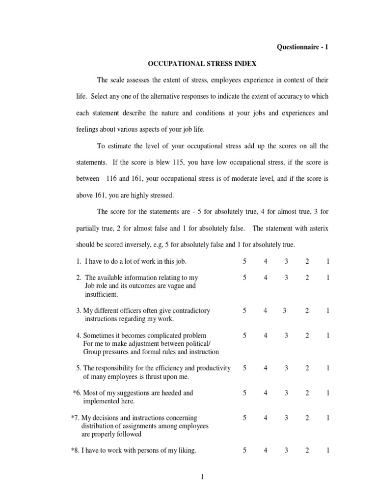 Questionnaire - 1 Occupational Stress Index | PDF | Occupational Stress | Stress (Biology)