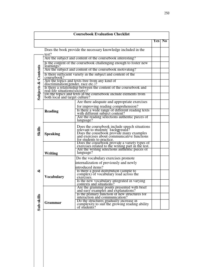 Coursebook Evaluation Checklist Yes No | PDF | Textbook | Reading (Process)