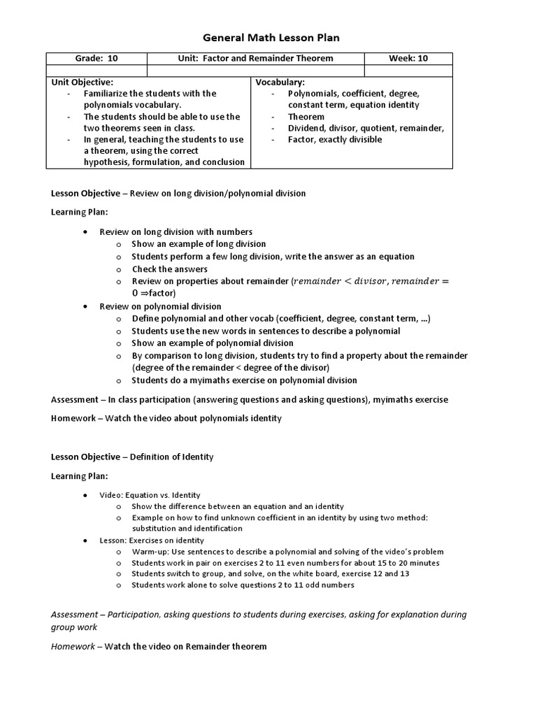 General Math Lesson Plan: Grade: 10 Unit: Factor and Remainder Theorem ...