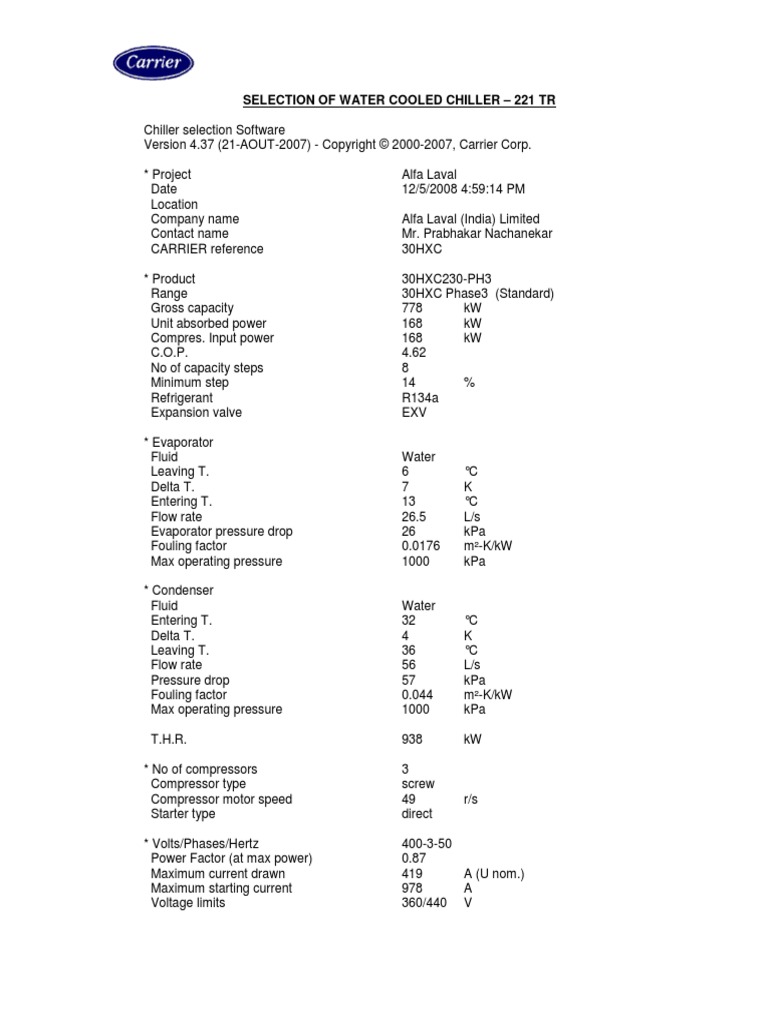 Selection of Water Cooled Chiller - 221 TR | PDF | Heating, Ventilating ...