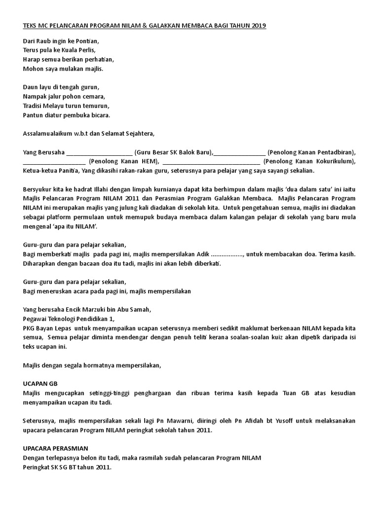 Teks MC Pelancaran Nilam | PDF