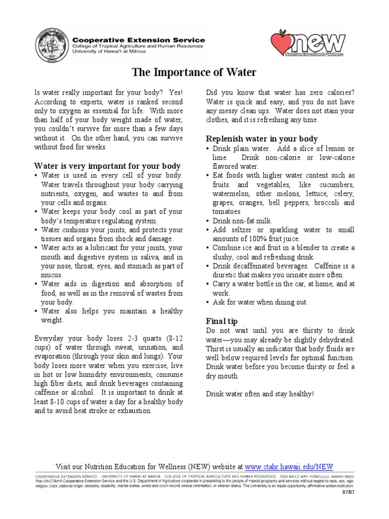 The Importance of Water: Replenish Water in Your Body | PDF | Drink ...