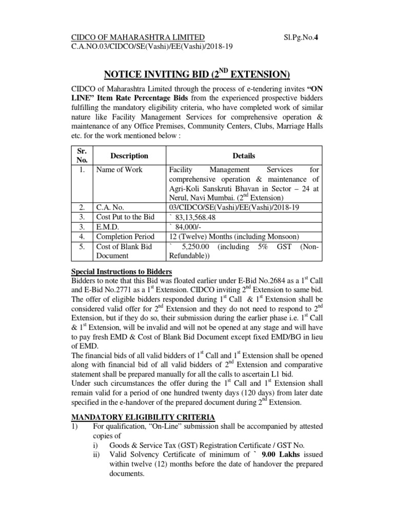 Notice Inviting Bid (2 Extension) : LINE" Item Rate Percentage Bids ...