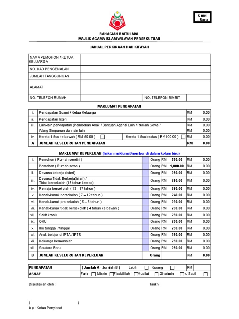 Borang Jadual Had Kifayah - Formula | PDF