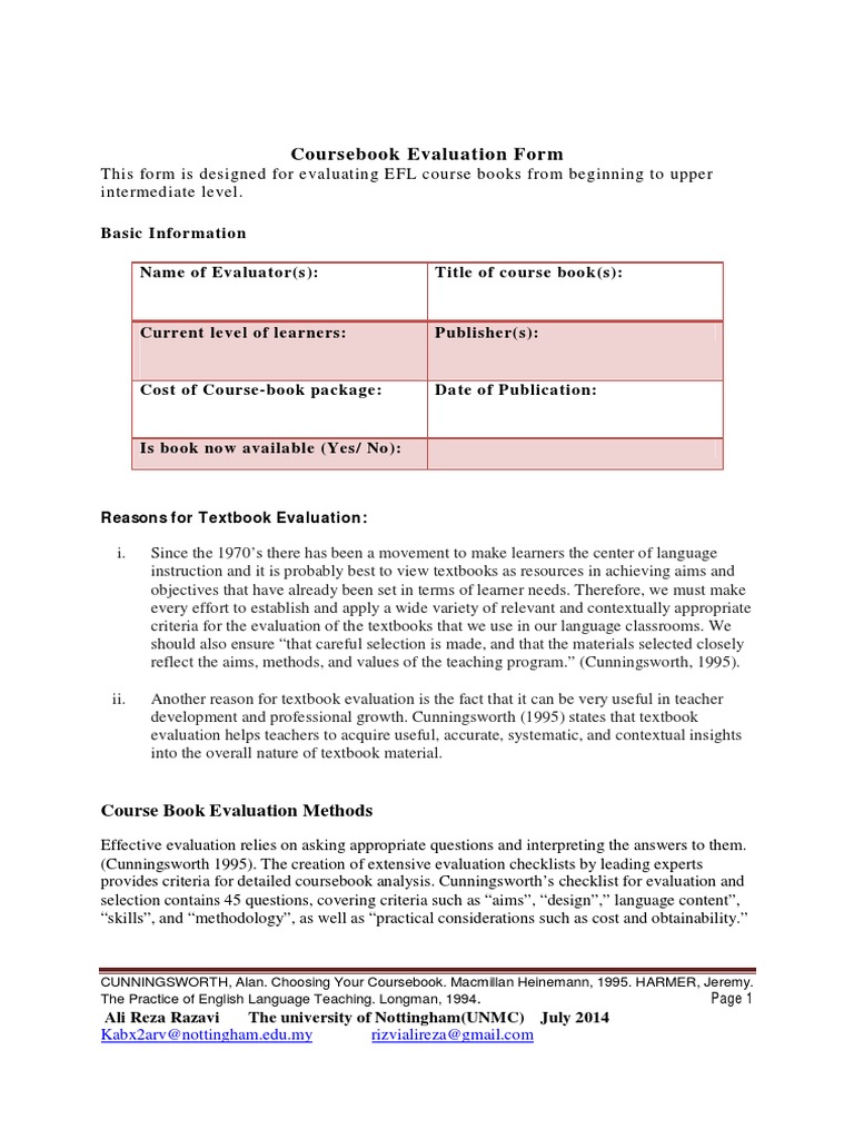 Coursebook Evaluation Form: Course Book Evaluation Methods | PDF ...