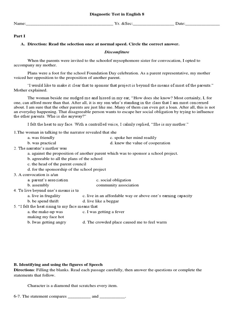 Grade 8 English Diagnostic Test 2025 | PDF