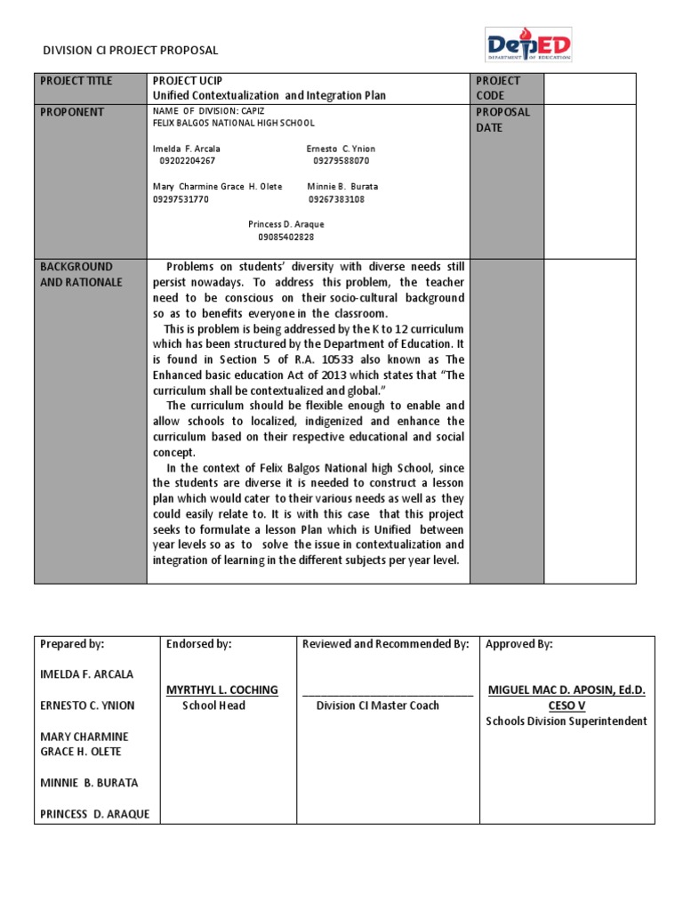 Division Ci Project Proposal: Myrthyl L. Coching Miguel Mac D. Aposin, Ed.D. Ceso V | PDF ...
