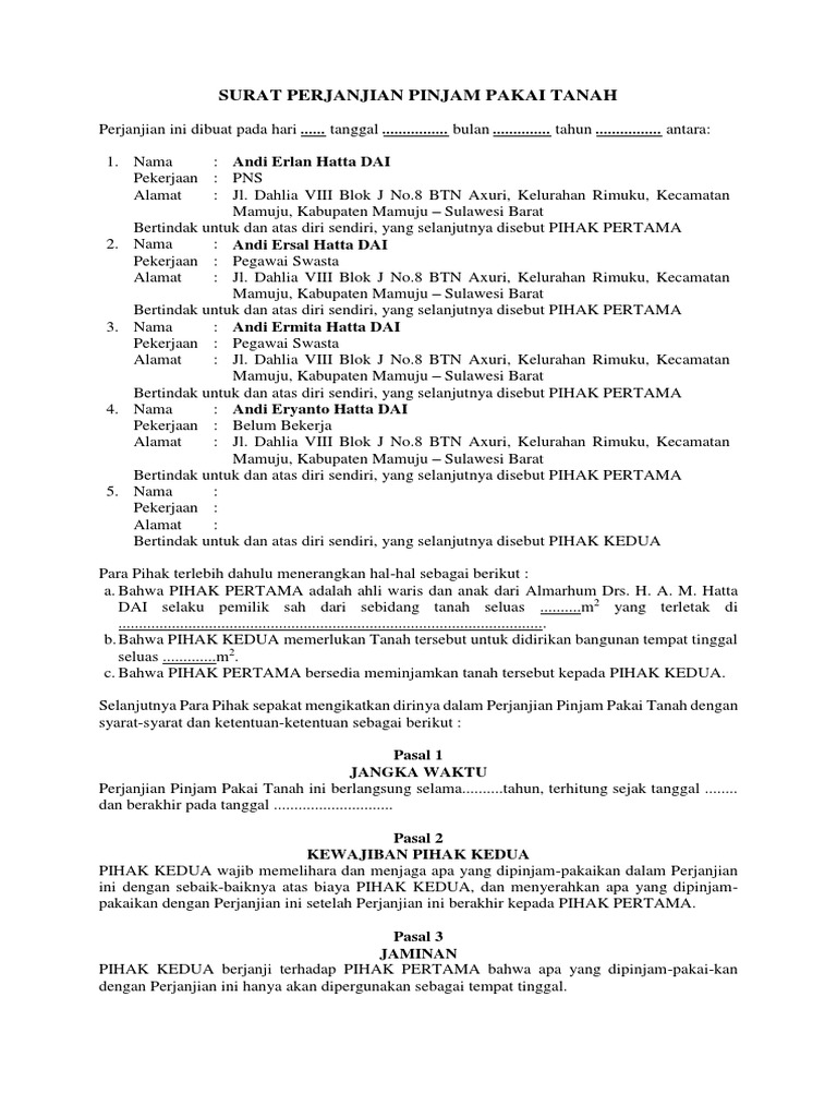 Surat Perjanjian Pinjam Pakai Tanah | PDF | Hukum
