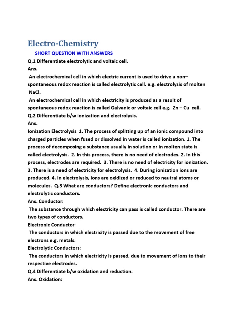 Electro-Chemistry: Short Question With Answers | PDF | Redox ...