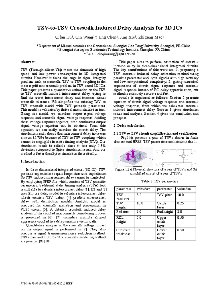 Tsv-To-Tsv Crosstalk Induced Delay Analysis For 3D Ics: Qifan Hu, Qin Wang, Jing Chen, Jing Xie ...