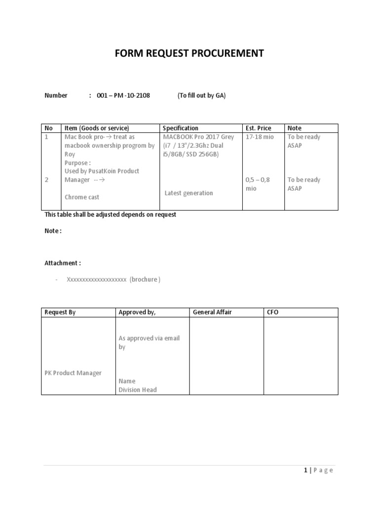 Form Request Procurement: Number: 001 - PM - 10-2108 (To Fill Out by GA ...
