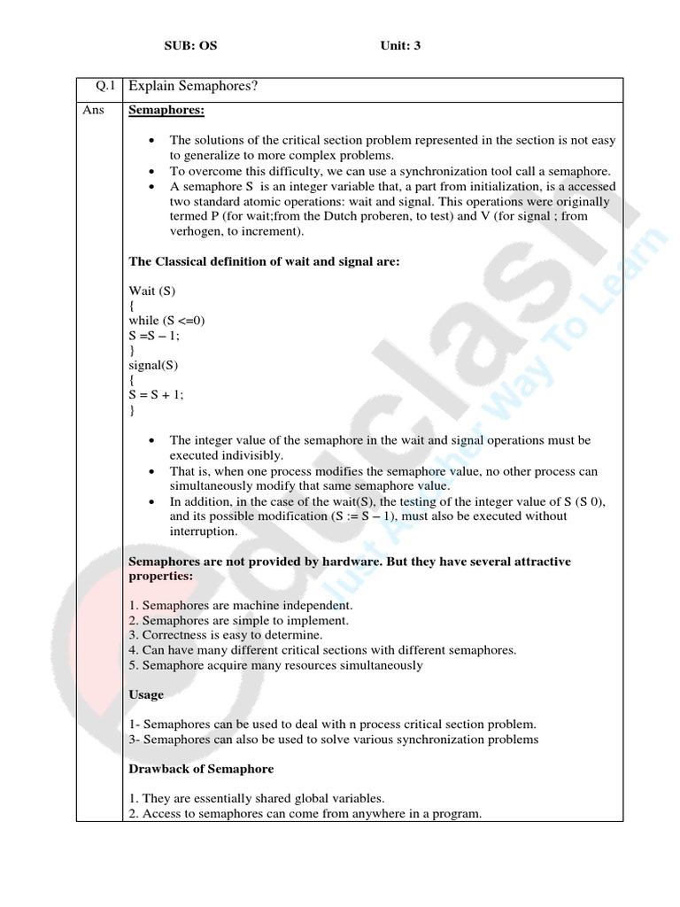 Explain Semaphores Sub Os Unit 3 Pdf Areas Of Computer Science Concurrency Computer