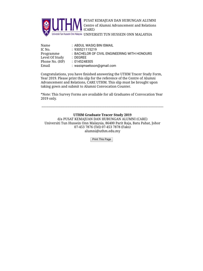 UTHM Graduate Tracer Study 2019: Print This Page | PDF