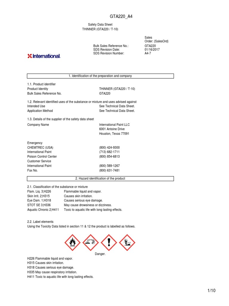 Msds Thinner Gta 220 | Fires | Toxicity