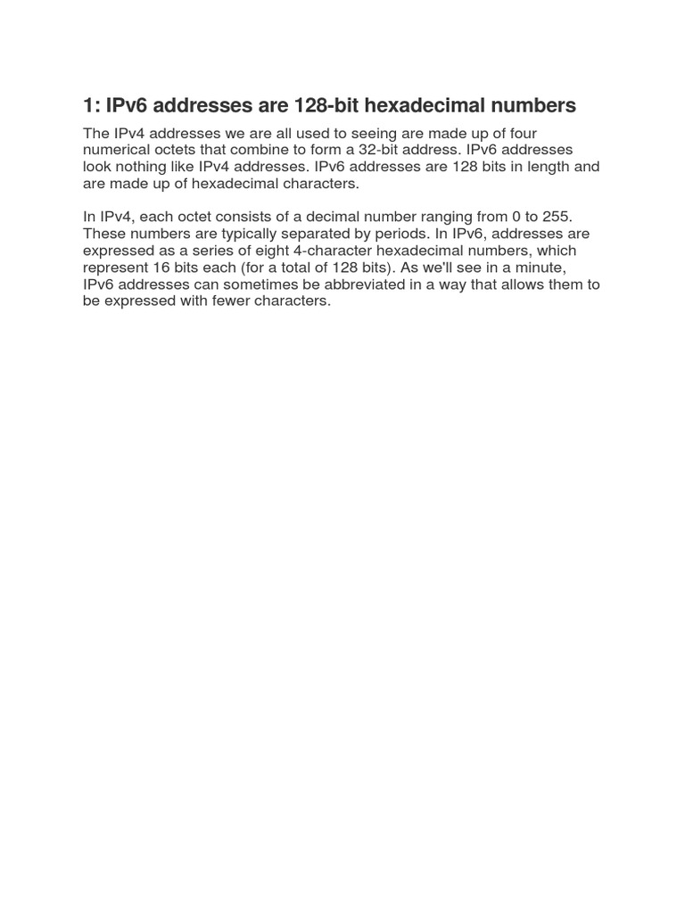 1: Ipv6 Addresses Are 128-Bit Hexadecimal Numbers | PDF