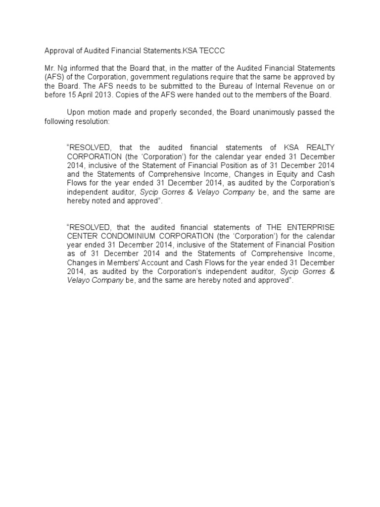Approval of Audited Financial Statements | PDF | Finance & Money Management