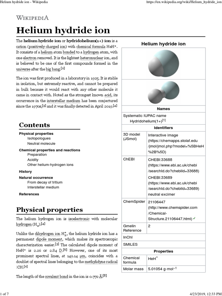 Helium Hydride Ion | PDF | Atoms | Applied And Interdisciplinary Physics