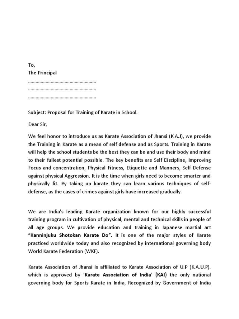 Proposal Letter For Karate Training in School | PDF | Karate | Combat ...