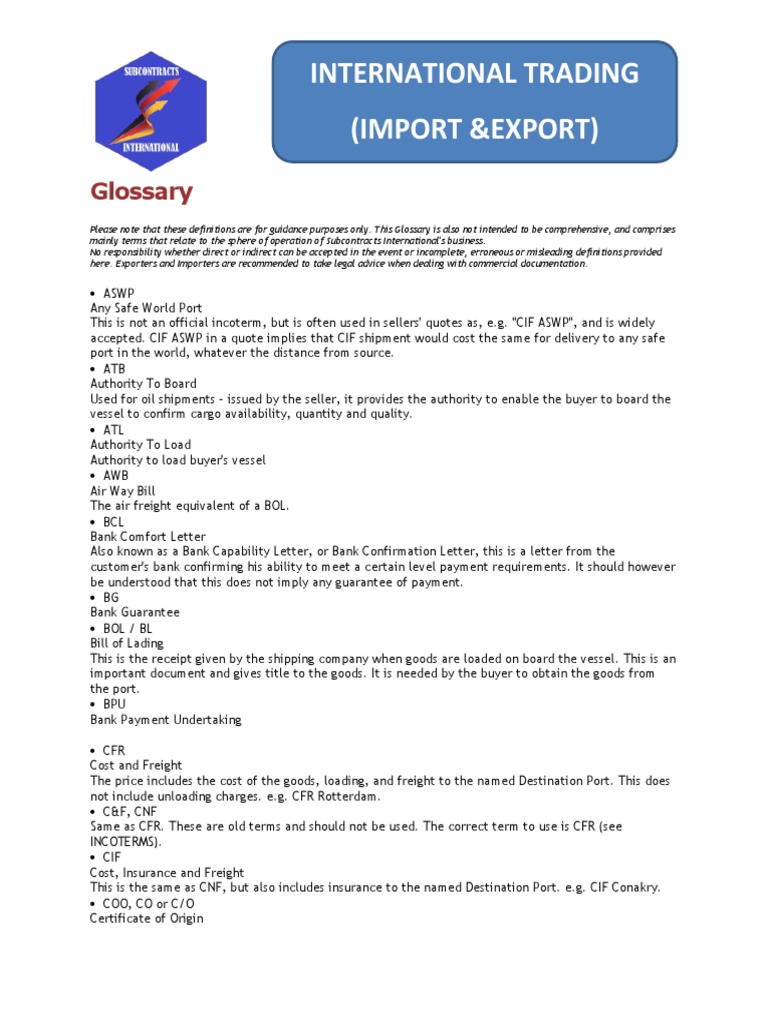 International Trading (Import &export) : Glossary | PDF | Letter Of ...