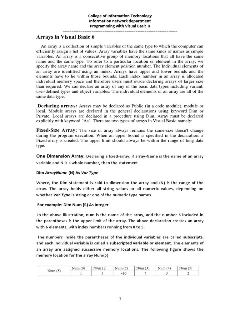 Arrays In Visual Basic 6 Pdf Array Data Structure Variable Computer Science