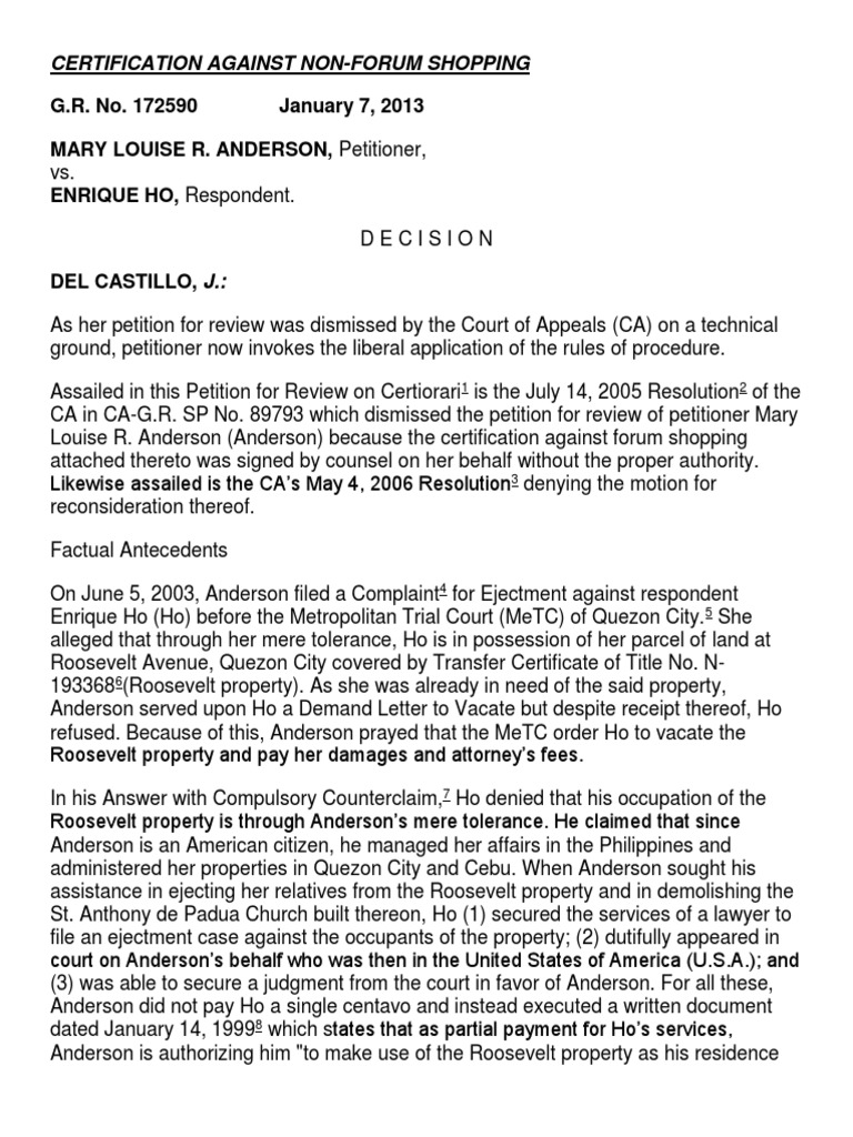 Certification Against Forum Shopping Case | PDF | Pleading | Complaint
