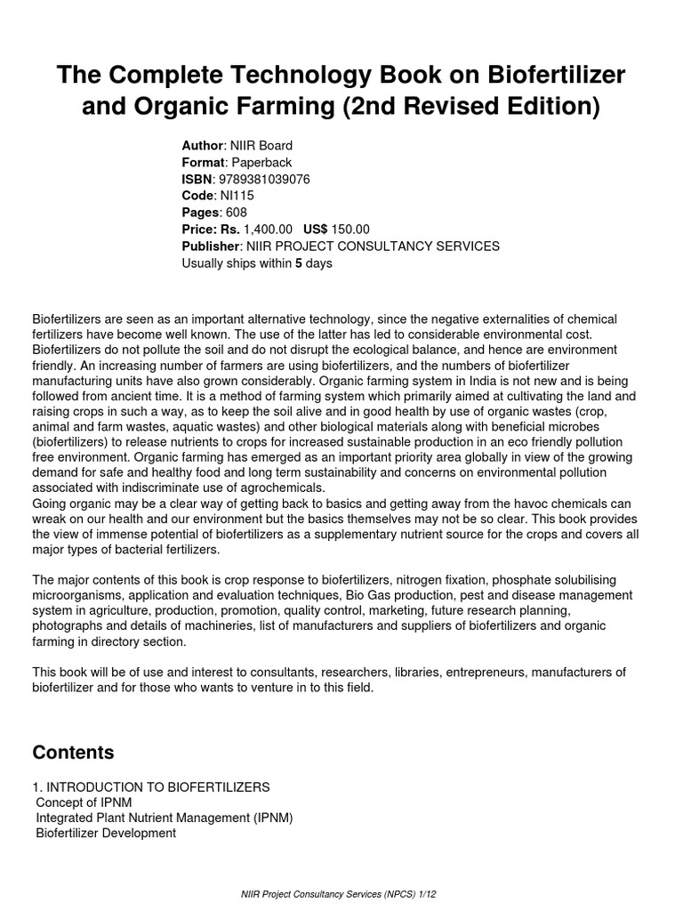 Niir Complete Technology Book On Biofertilizer Organic Farming 2nd ...