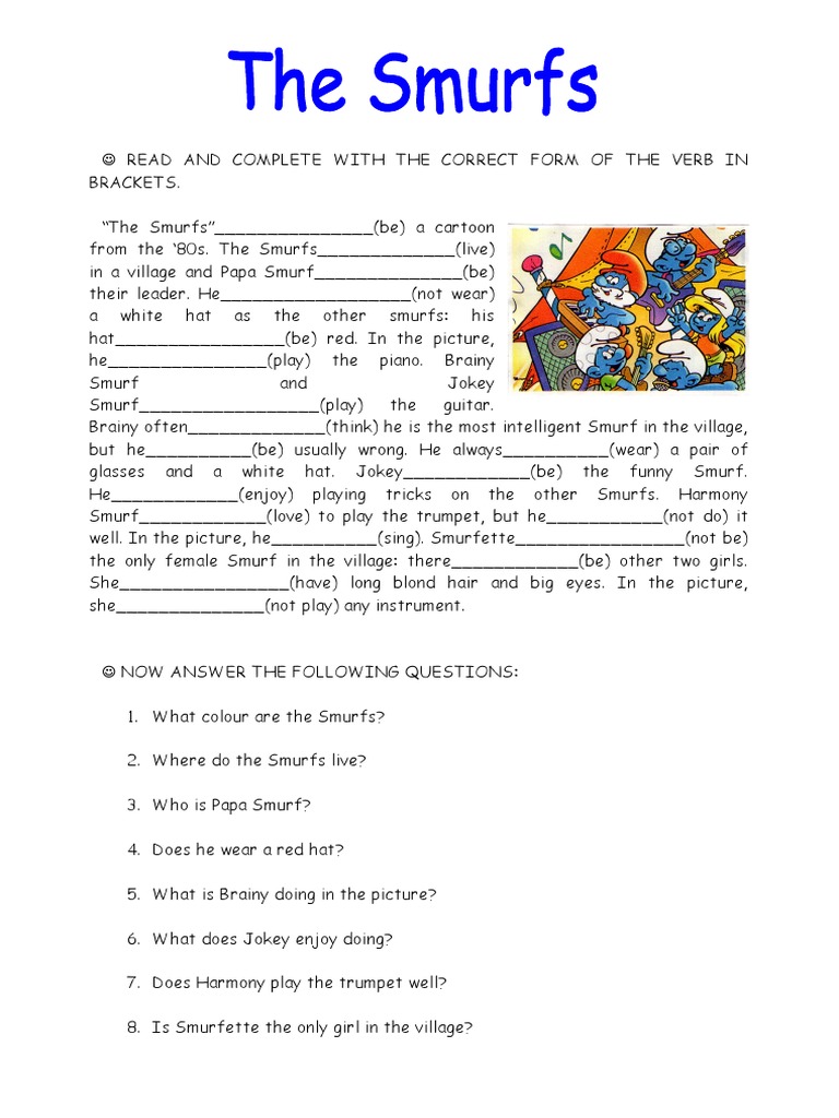 Smurfs Reading and Activity Worksheet | PDF | Home & Garden