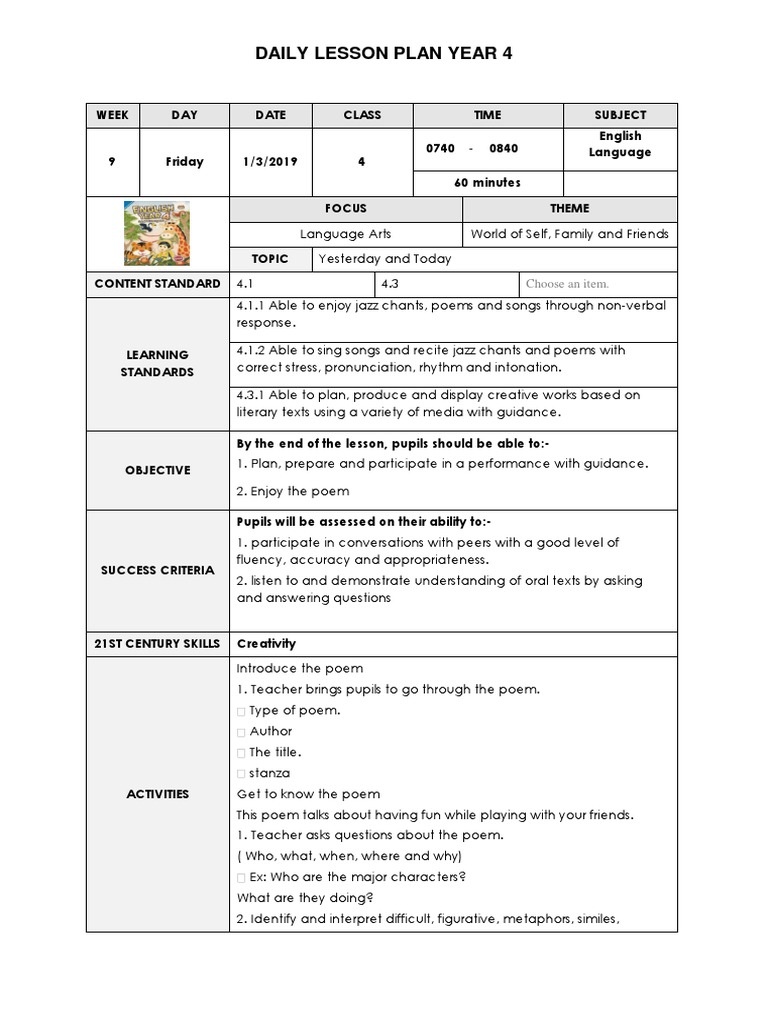 Daily Lesson Plan Year 4: Choose An Item | PDF | Poetry | Lesson Plan