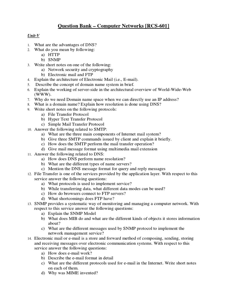 Question Bank Computer Networks UnitV | PDF | Domain Name System | File Transfer Protocol