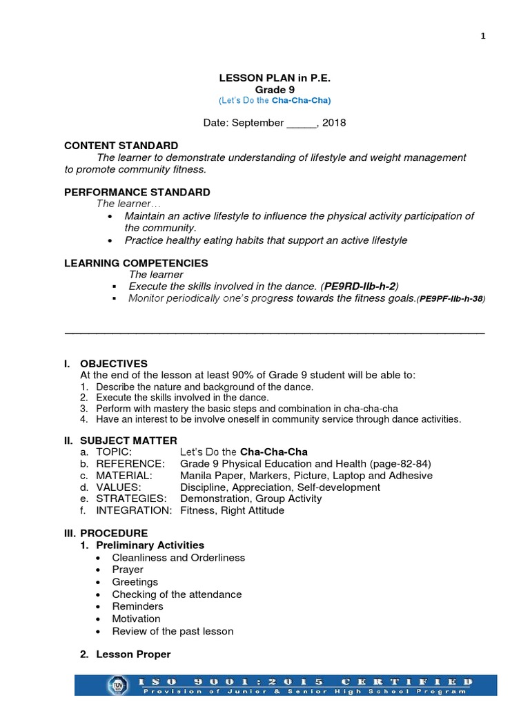 Lesson Plan For Chacha | PDF | Physical Education | Lesson Plan
