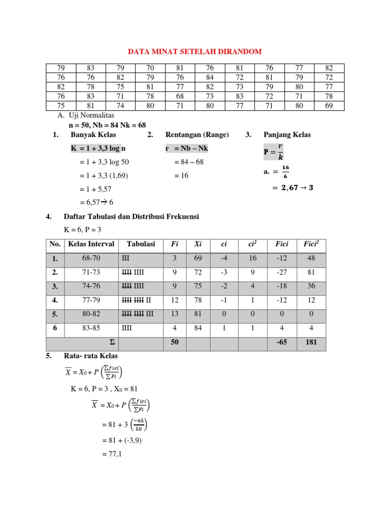 N 50, NB 84 NK 68 1. Banyak Kelas K 1 + 3,3 Log N 2. Rentangan (Range ...