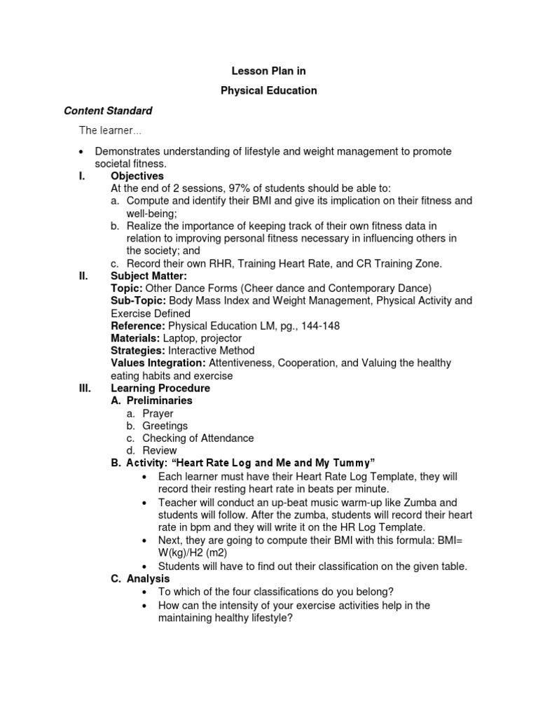 Lesson Plan Cheerdance | PDF | Obesity | Body Mass Index