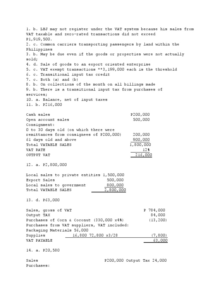 Tax Lecture VAT Answer Key | PDF | Value Added Tax | Taxation