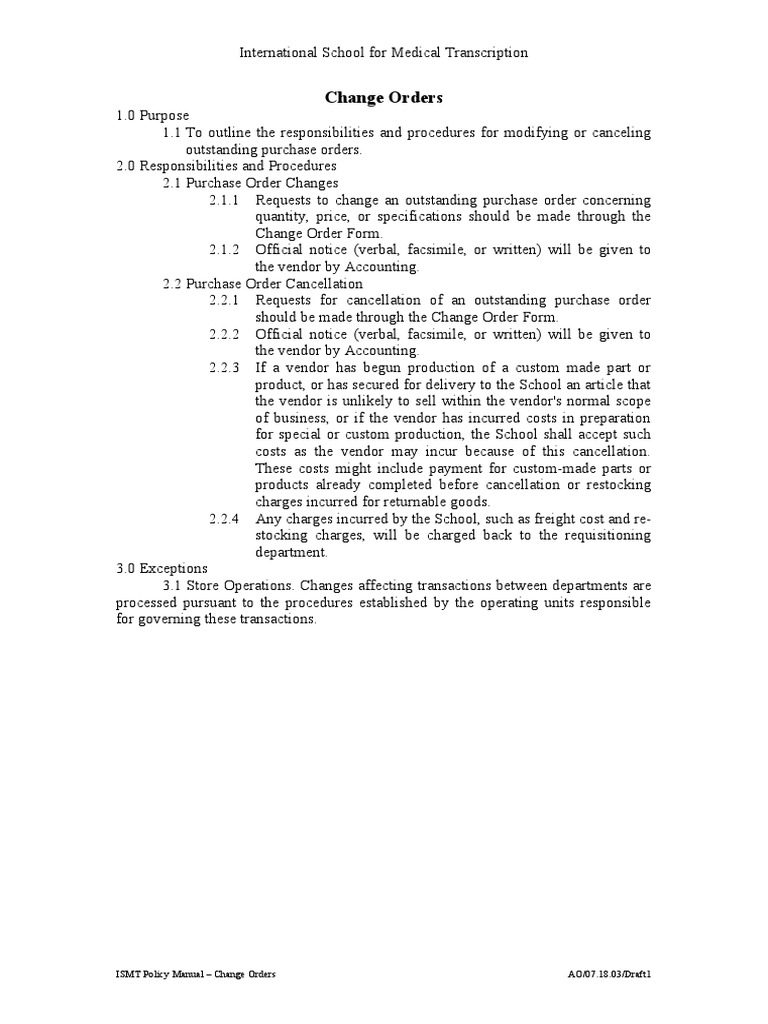 Change Order Procedures for Purchase Orders | PDF