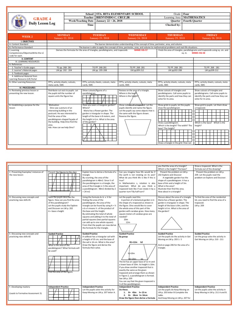 Grade 4 DLL Quarter 4 Week 2 (Sir Bien Cruz) | PDF | Area | Triangle