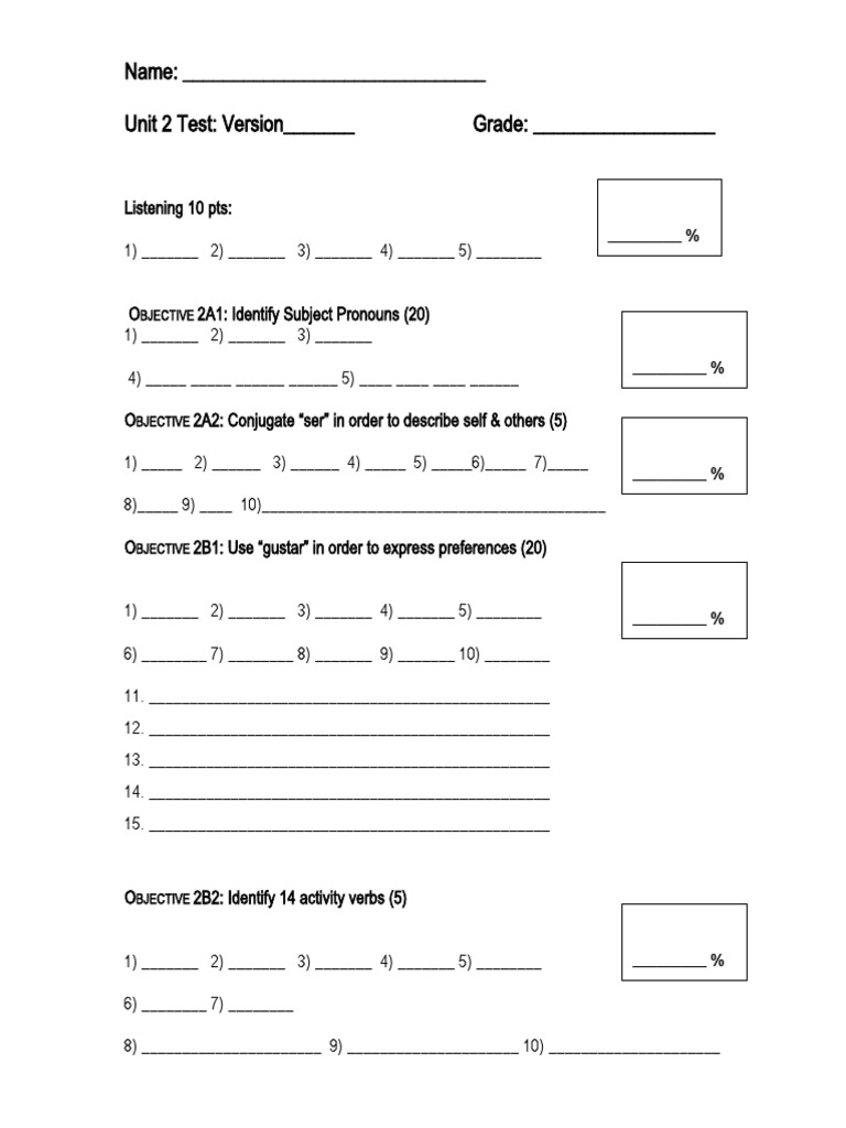 Spanish Unit 2 Test Template | PDF | Grammatical Conjugation ...