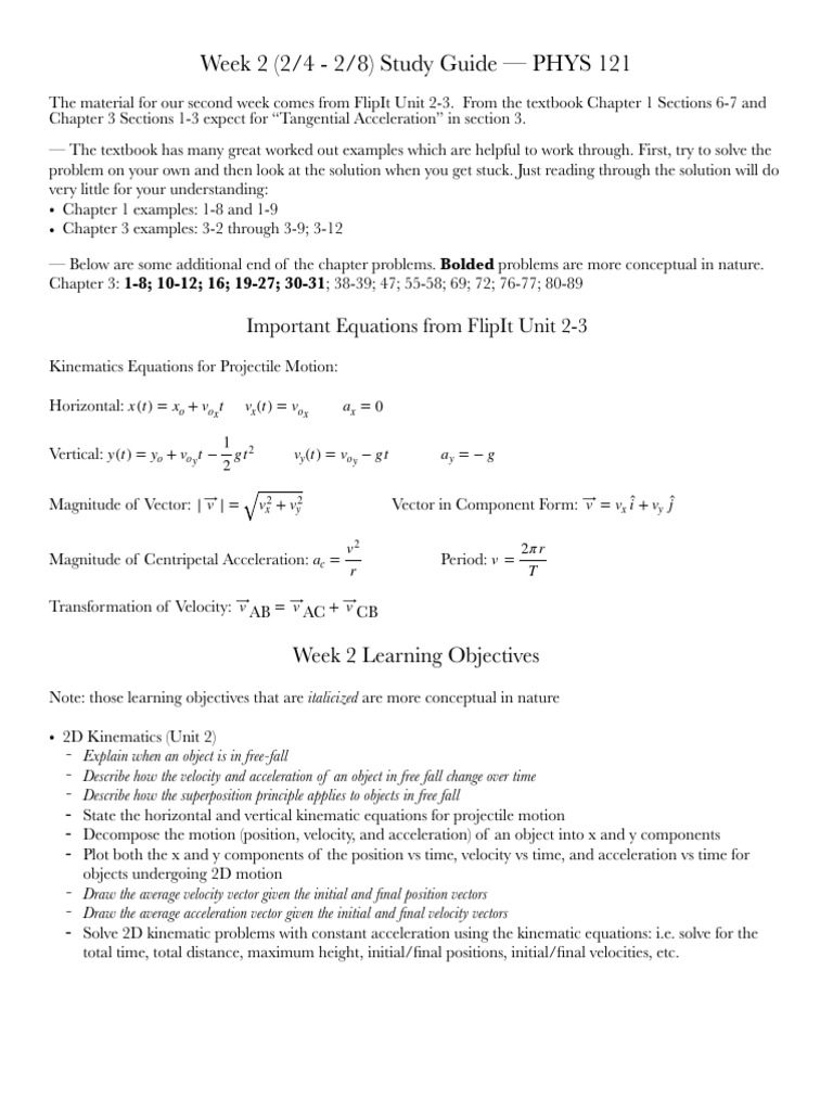 Week 2 (2/4 - 2/8) Study Guide - Phys 121: Important Equations From ...