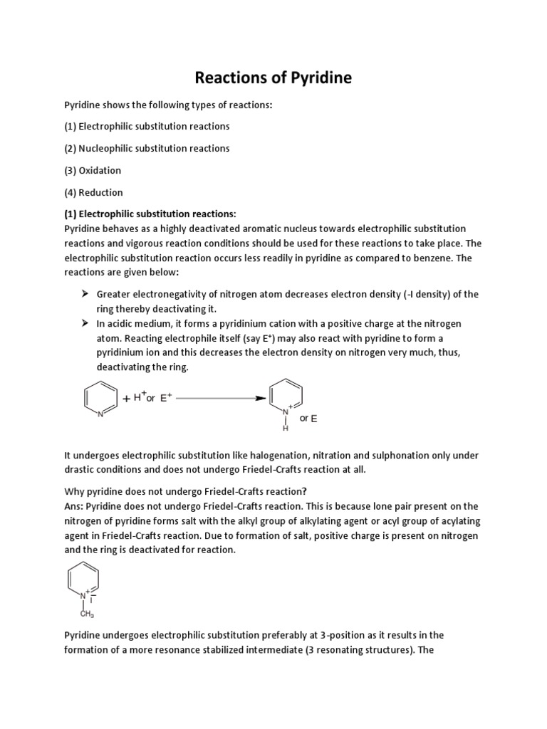 Pyridine: Electrophilic and Nucleophilic Reactions | PDF | Pyridine ...